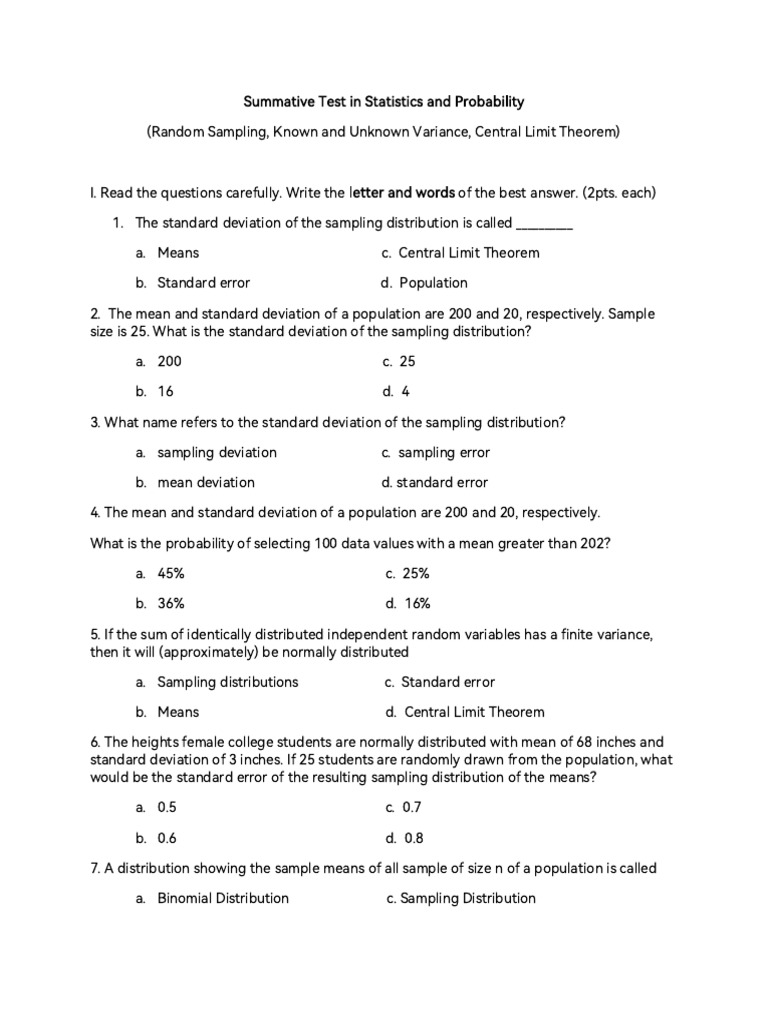 Summative Test (Samplng Distribution, Known and Unknown Variance, CLT ...