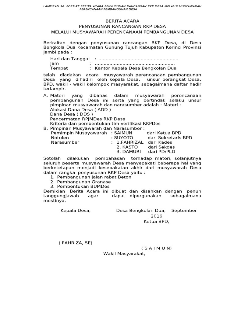 12.lampiran 36. Format BERITA ACARA Penyusunan RKP Desa Melalui Musrenbangdesa | PDF