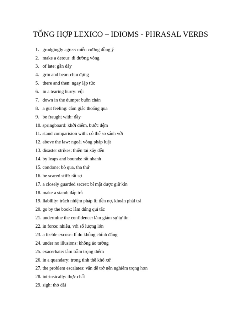 TỔNG HỢP LEXICO - IDIOMS - PHRASAL VERBS | PDF