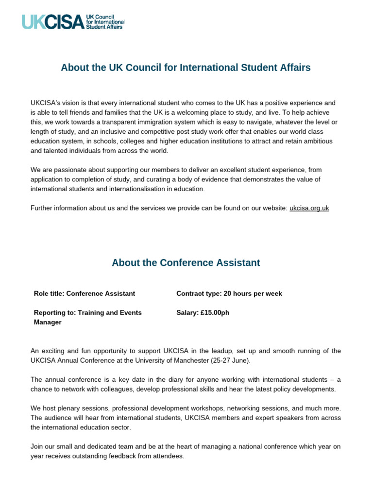 UKCISA Conference Assistant Role | PDF
