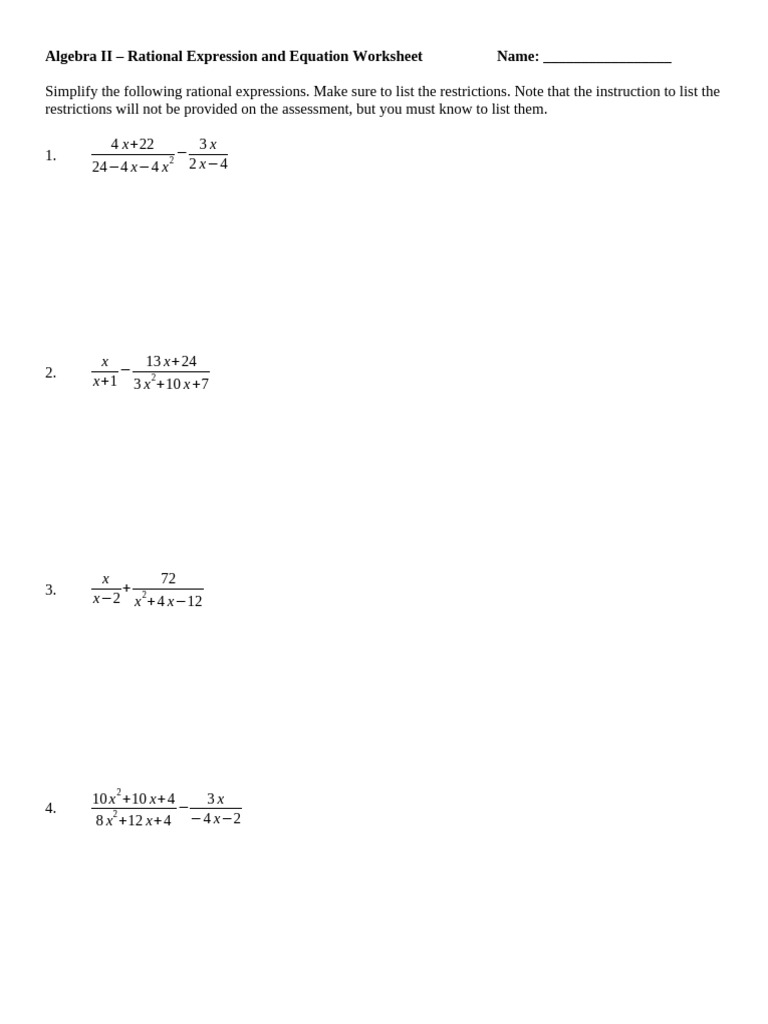 Rational Expression and Equation Worksheet | PDF | Equations | Algebra