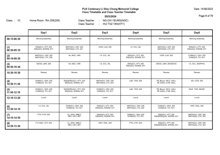 Class Timetable 2023/2024 Overview | PDF