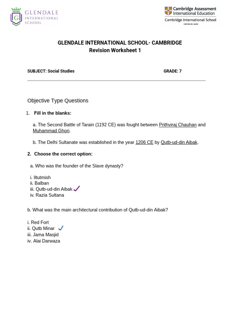 Grade 7 Social Studies Revision Worksheet | PDF