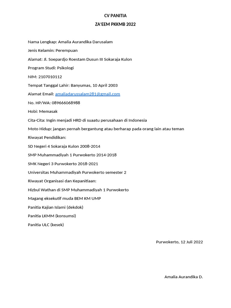 Amalia Aurandika Darusalam_CV Panitia ZA'EEM PKKMB | PDF
