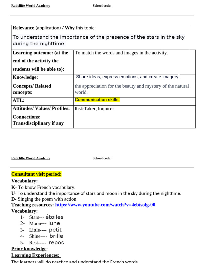 G-5 French-Lesson Plan For Class Observation - Consultant Visit | PDF