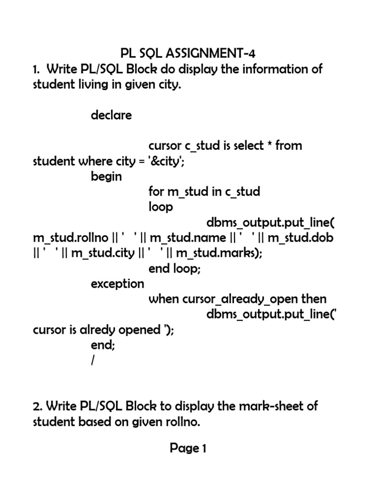 PL SQL ASSIGNMENT - 4 Solution | PDF | Pl/Sql | Data Management