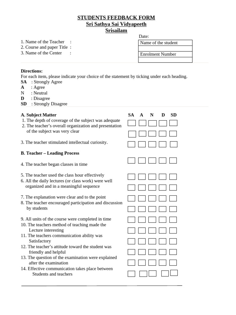Students Feedback Form | PDF | Human Communication | Behavior Modification