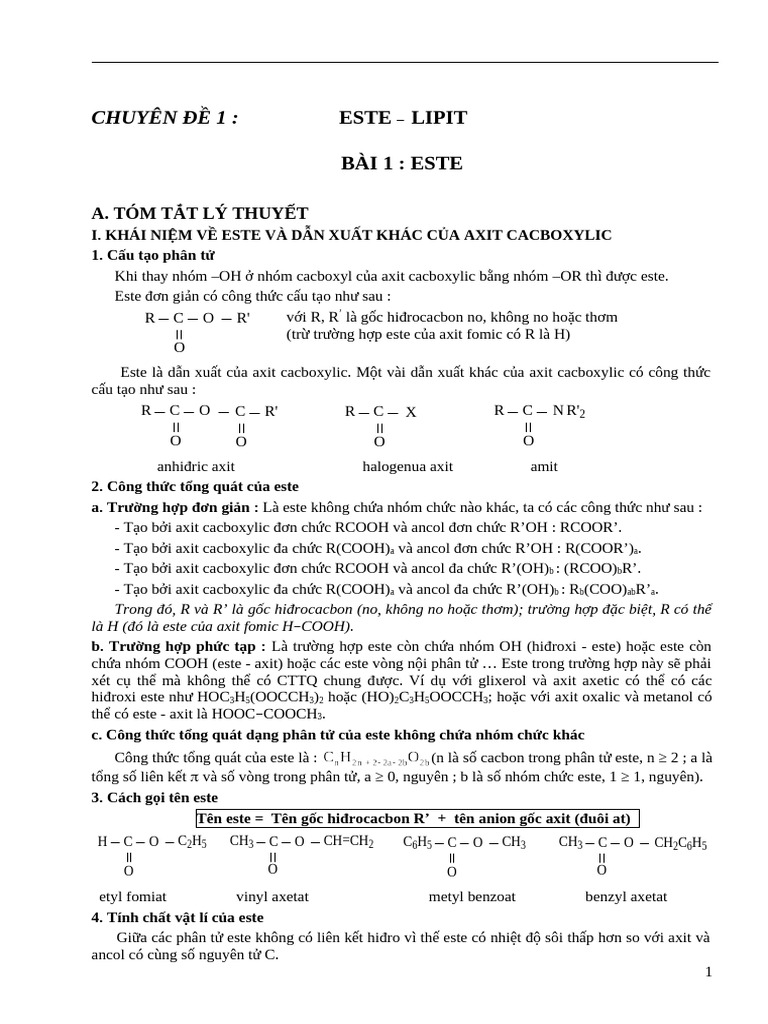 Ly thuyet Bai tap chuong Este Lipit File word | PDF
