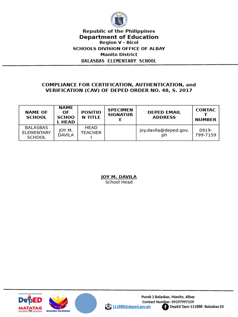 CAV - JOY M. DAVILA - Balasbas ES - Manito Dist. | PDF
