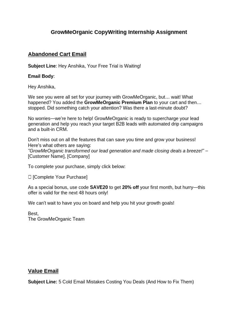 GrowMeOrganic CopyWriting Internship Assignment | PDF
