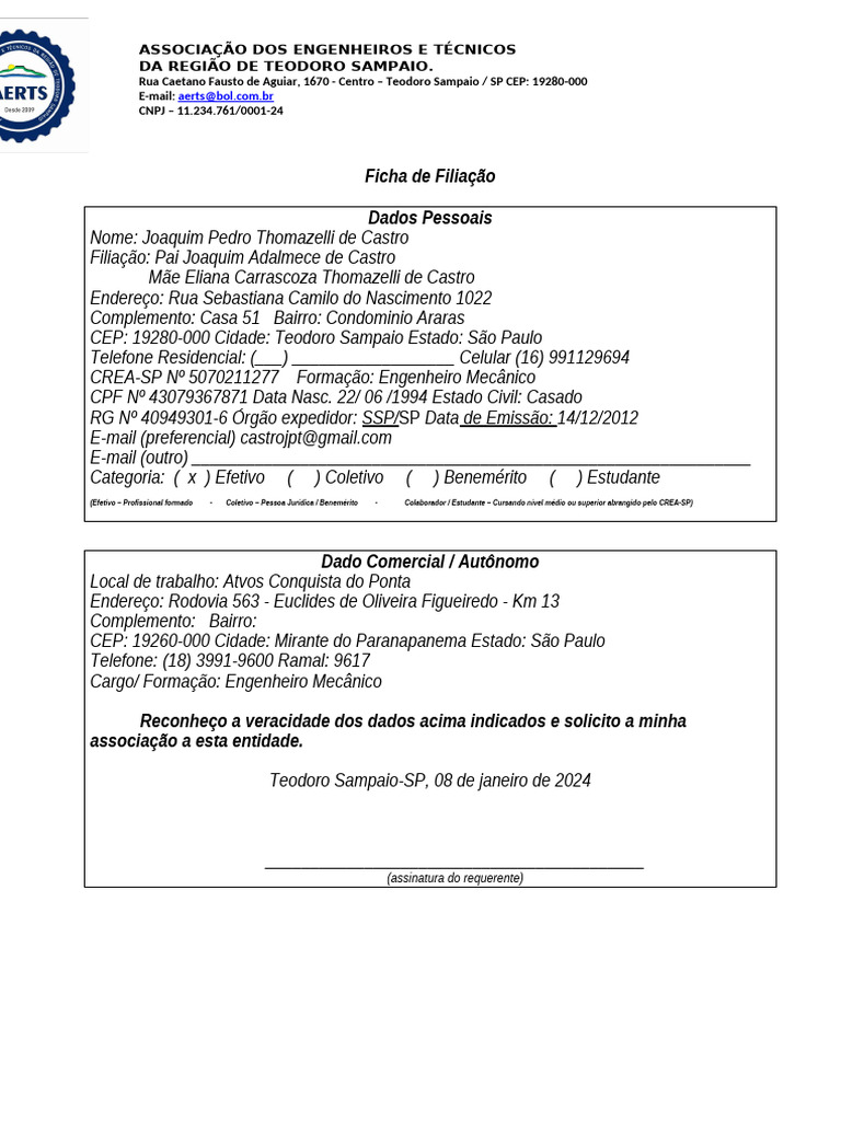 Ficha de Filiação - Associado | PDF