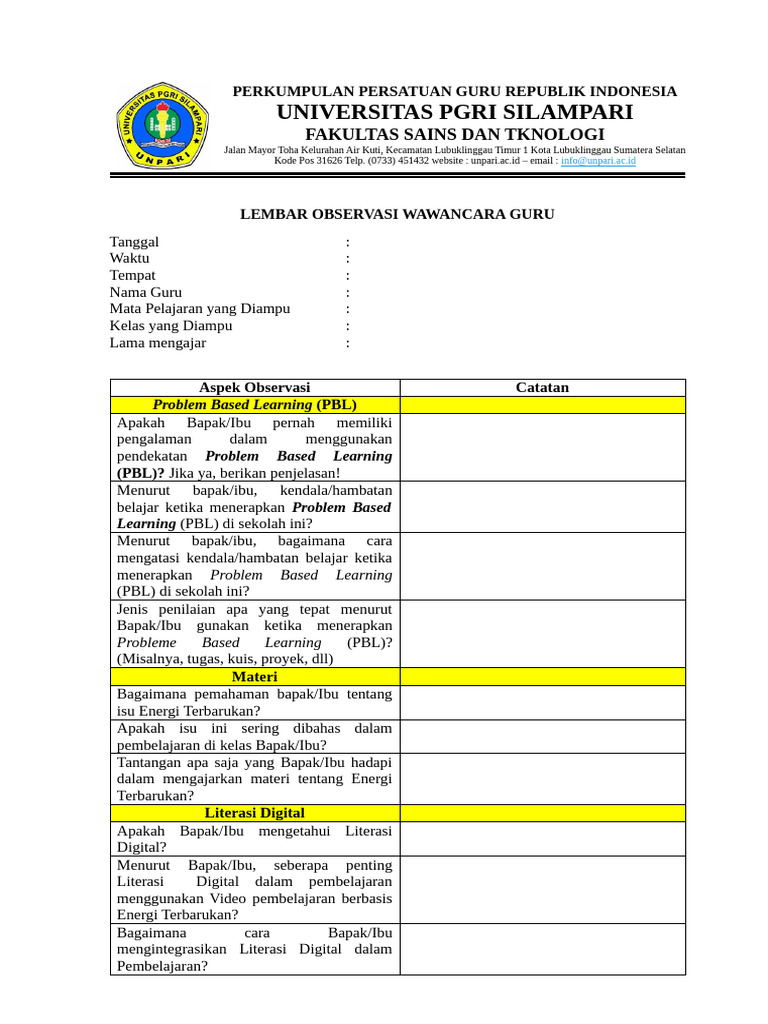 Instrumen Wawancara Guru WINDA SURATI | PDF