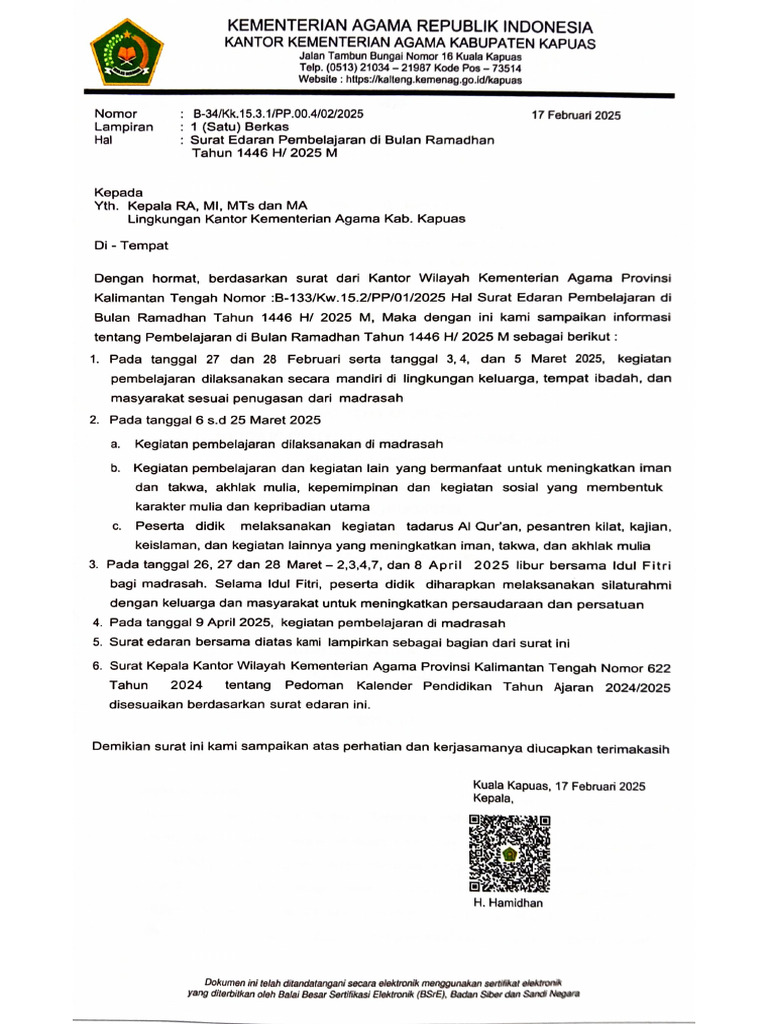 Surat Edaran Pembelajaran Di Bulan Ramadhan Tahun 2025 | PDF