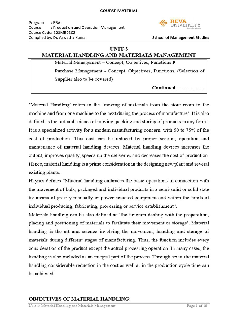 Pom - Unit3 - Material Handling and Materials Management | PDF | Inventory | Business