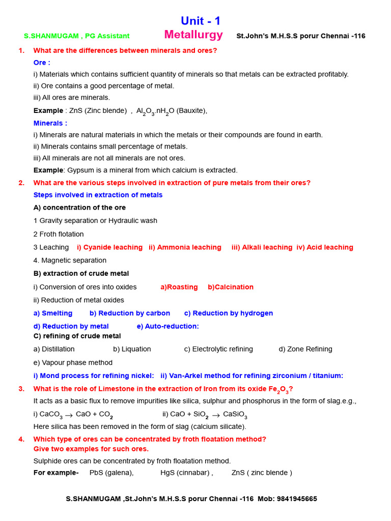 Namma Kalvi 12th Chemistry Unit 1 Study Material Book Back em 216024 | PDF | Redox | Aluminium Oxide