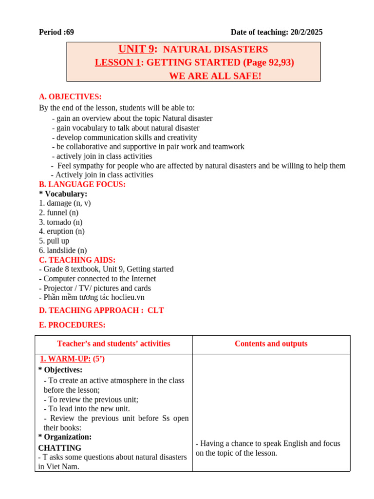 Tiết 69 - unit 9 - getting Started | PDF | Natural Disasters | Vocabulary