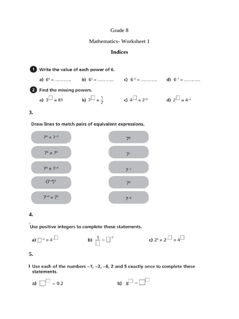 Indices: Grade 8 Mathematics-Worksheet 1 | PDF