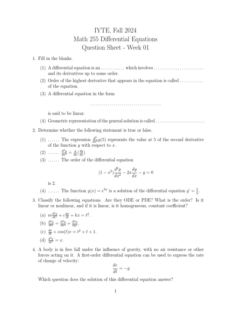 Fall2024 Math255 Question Sheet Week 01 | PDF | Equations | Differential Equations