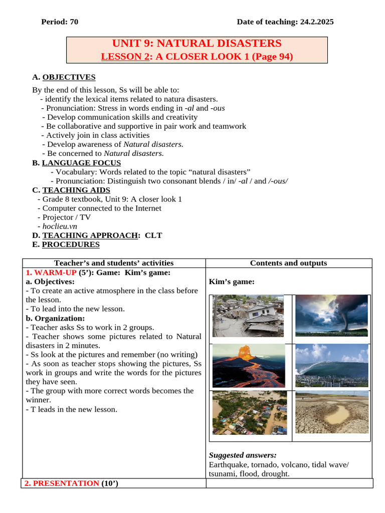 Natural Disasters Lesson Plan for Grade 8 | PDF | Stress (Linguistics ...