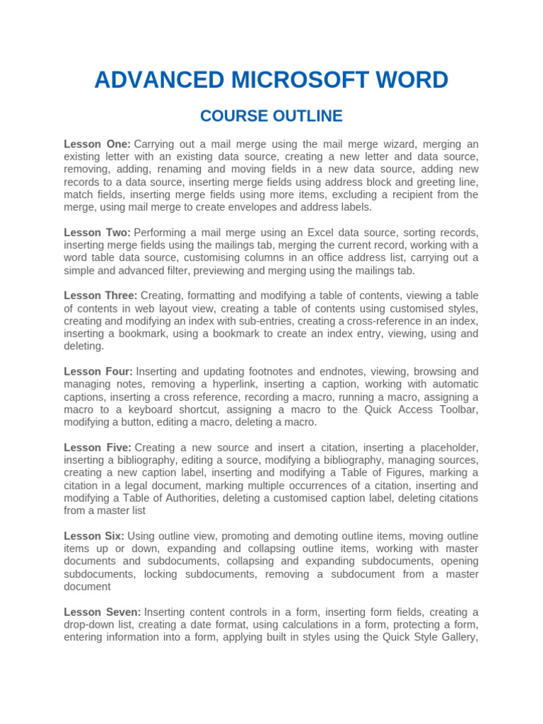 Advanced Microsoft Word Course Outline Tcbti | PDF | Note (Typography ...