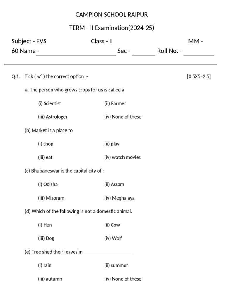 Class 2 EVS Term II Final | PDF