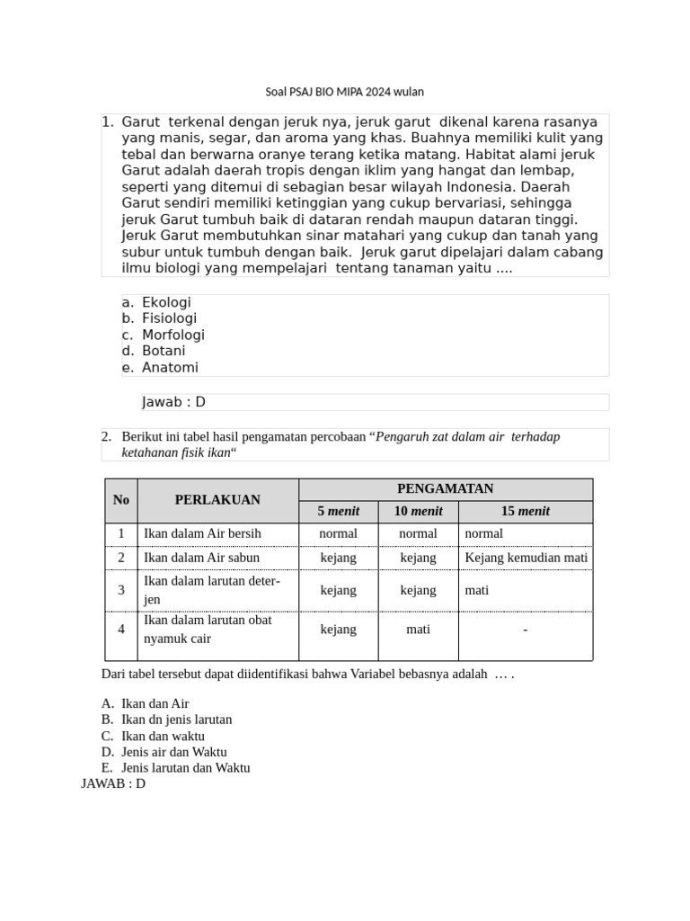Soal PSAJ BIO MIPA 2024 | PDF