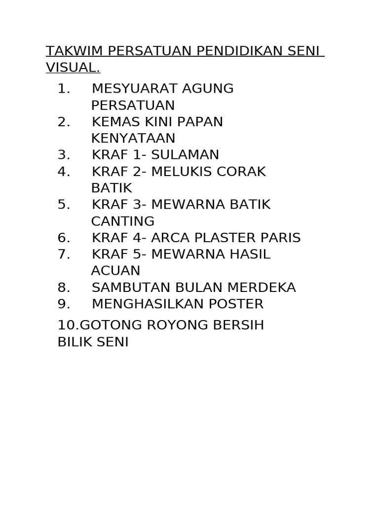 Takwim Persatuan Pendidikan Seni Visual | PDF