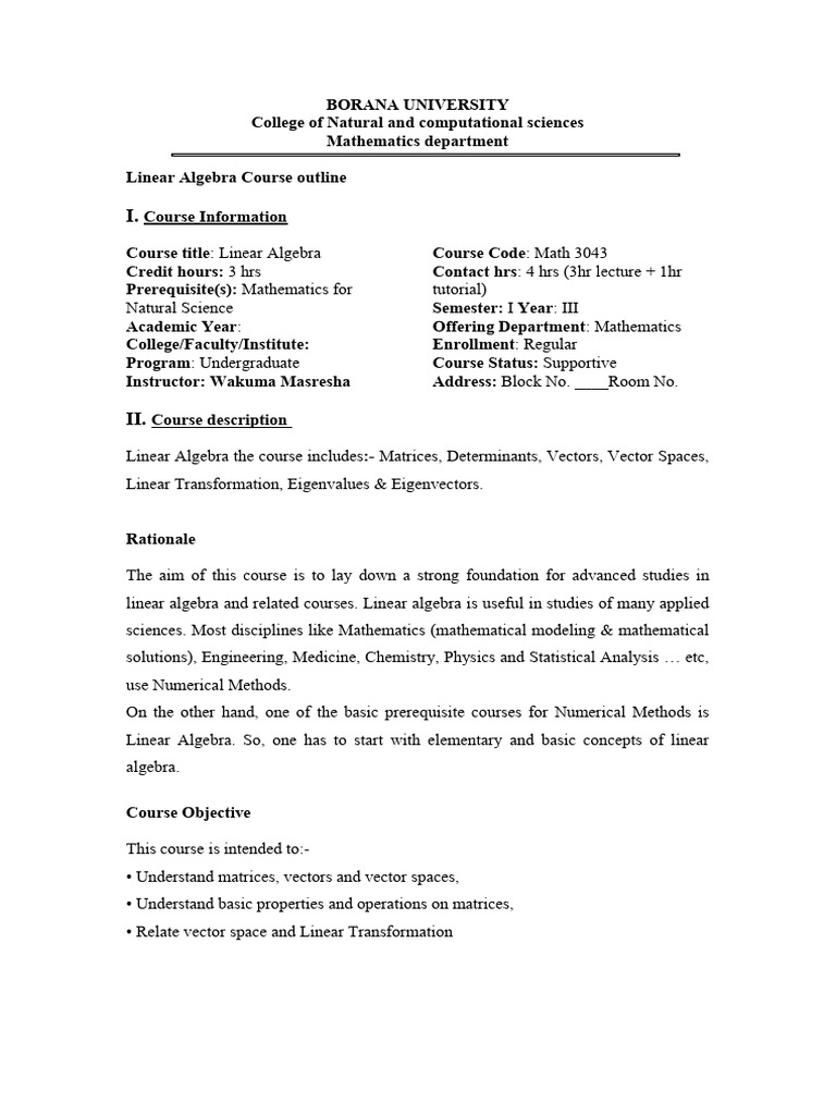 Linear Algebra Course Outline - Math 3043 | PDF | Linear Map | Matrix ...