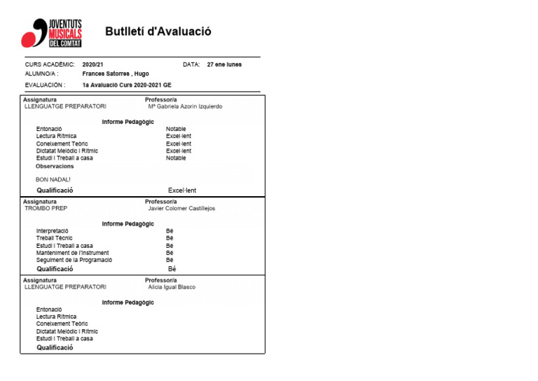 Butlletí D'avaluació: 2020/21 27 Ene Lunes Frances Satorres, Hugo 1a Avaluació Curs 2020-2021 GE ...