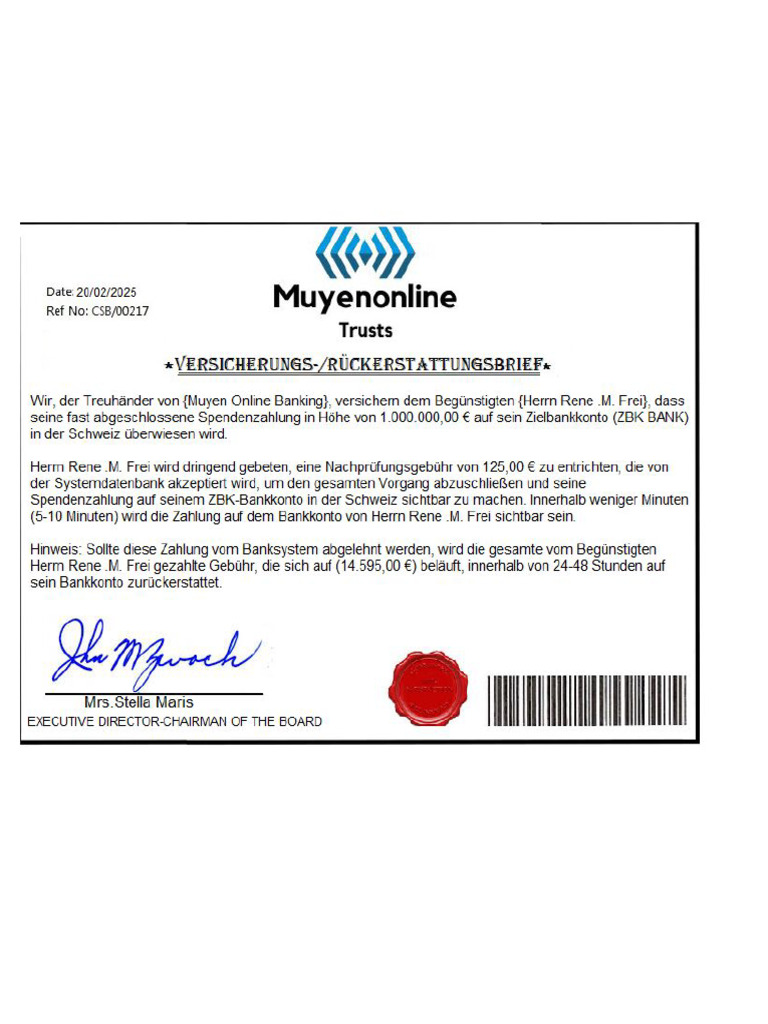 ASSURANCE AND REFUND LETTER (Rene Frei) | PDF