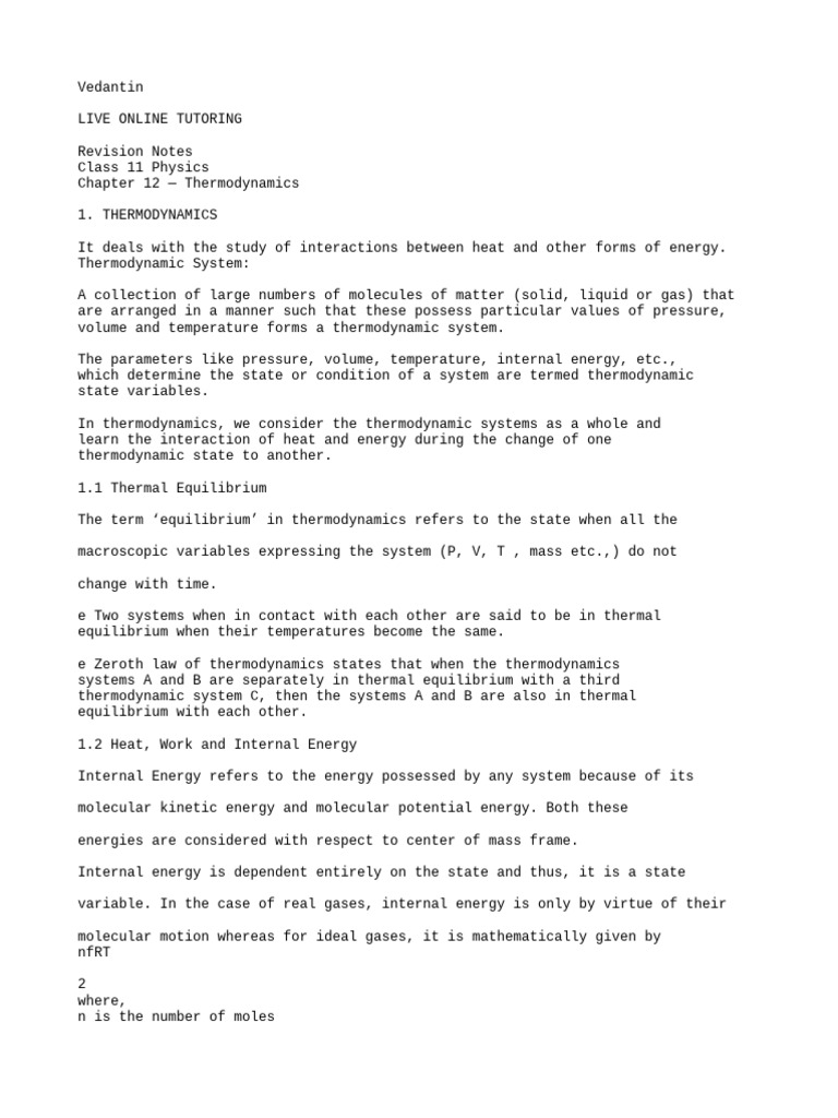 Cbse Class 11 Physics Notes Chapter 12 Thermodynamics | PDF | Gases | Heat
