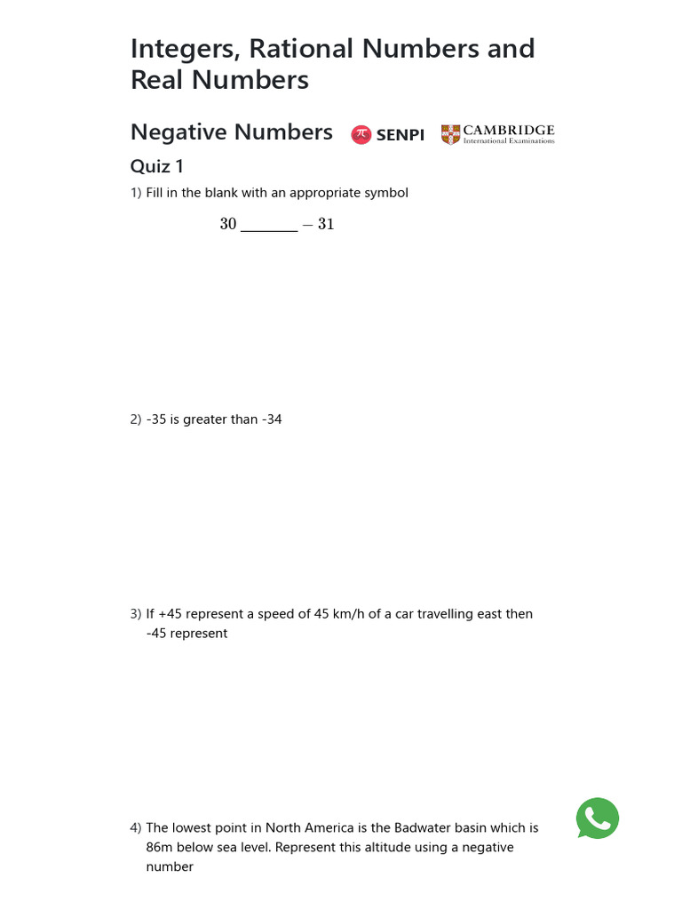 Math Quizzes on Numbers and Operations | PDF | Subtraction | Elementary ...