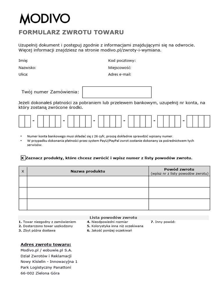 Formularz Zwrotu Towaru Modivo | PDF