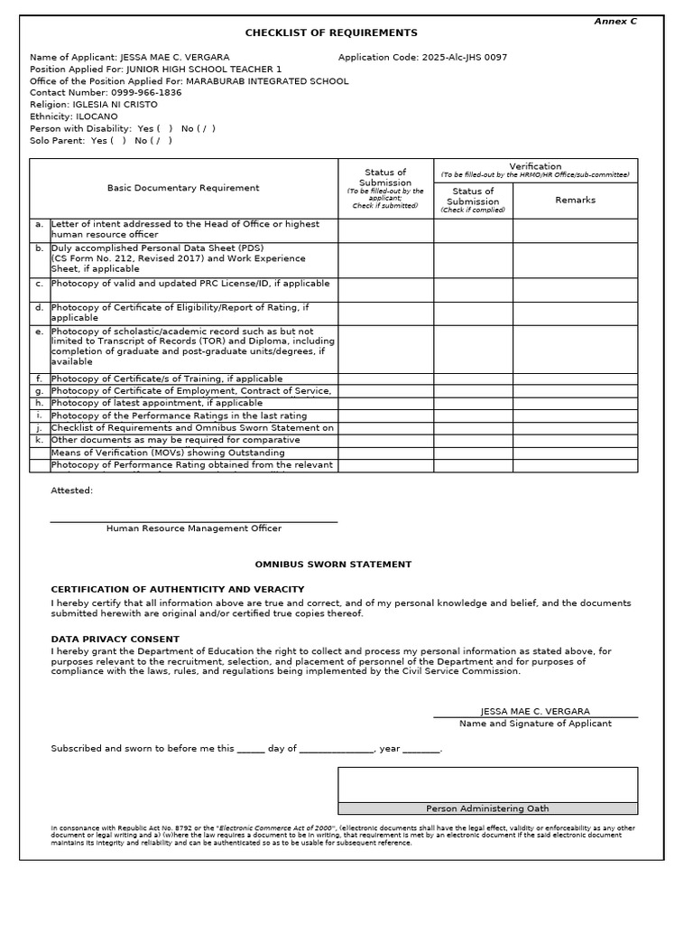 Annex C Checklist of Requirements and Omnibus Sworn Statement | PDF | Verification And Validation