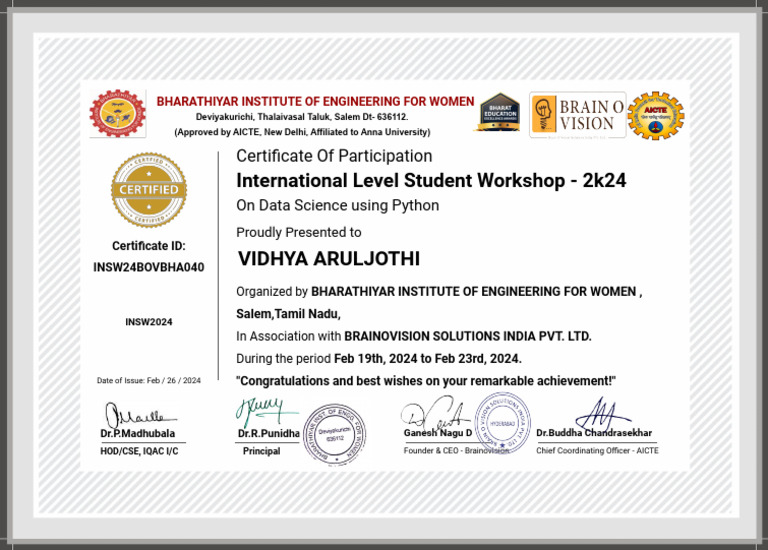 International Student Workshop 2024 On Data Science Using Python by Brainovision | PDF