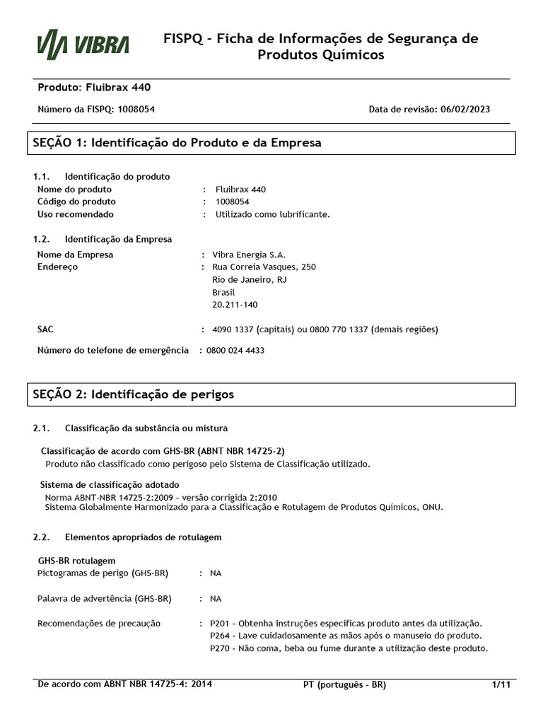 FISPQ Fluibrax 440: Segurança e Uso | PDF | Primeiros socorros | Química
