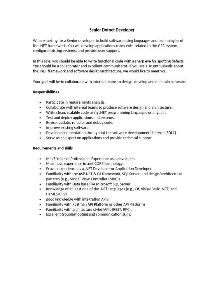 Senior .NET Developer Job Description | PDF