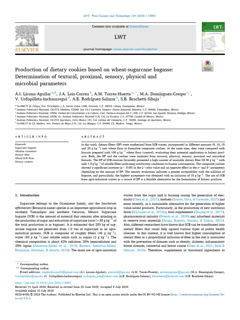 DE - Production of Dietary Cookies Based On Wheat-Sugarcane Bagasse | PDF