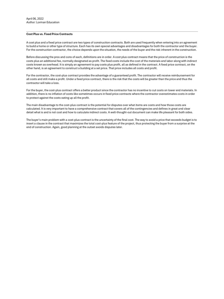 Cost Plus vs. Fixed Price Contracts Explained | PDF