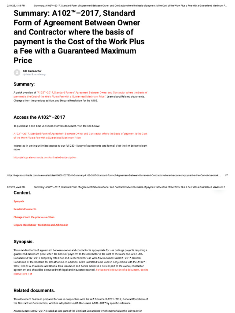 Summary - A102™-2017, Standard Form of Agreement Between Owner and ...