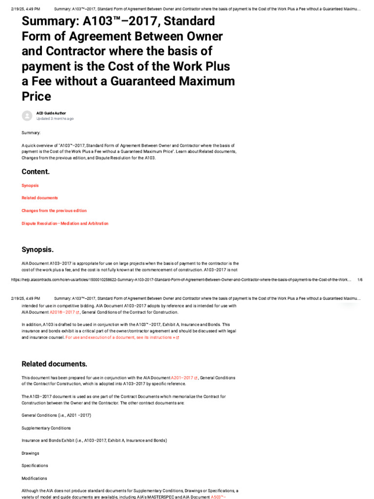 Summary - A103™-2017, Standard Form of Agreement Between Owner and ...