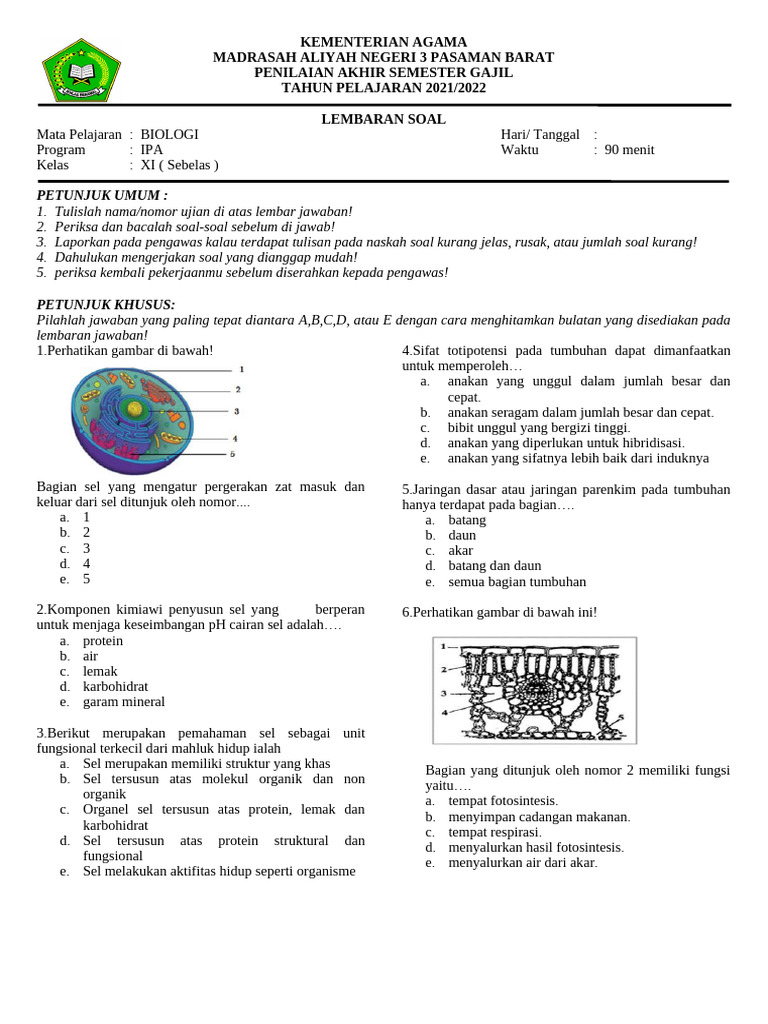 Soal Bio Xi Ipa Sem 1 Ok | PDF