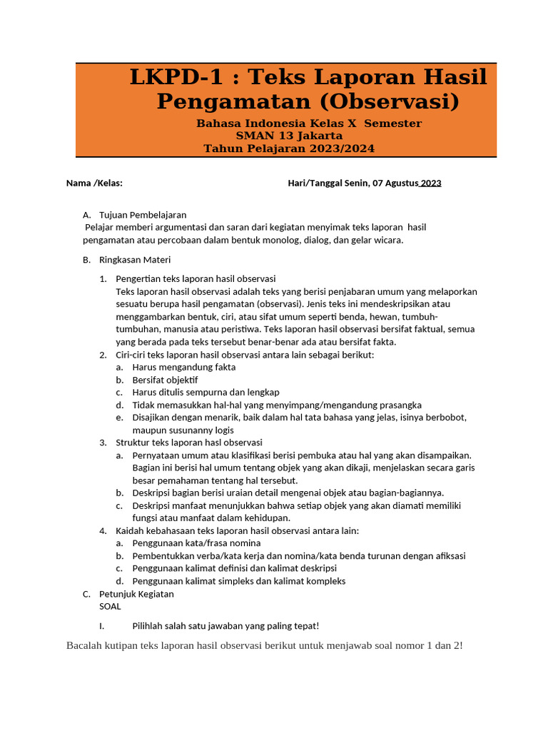 Teks Laporan Hasil Observasi Kelas X Pdf
