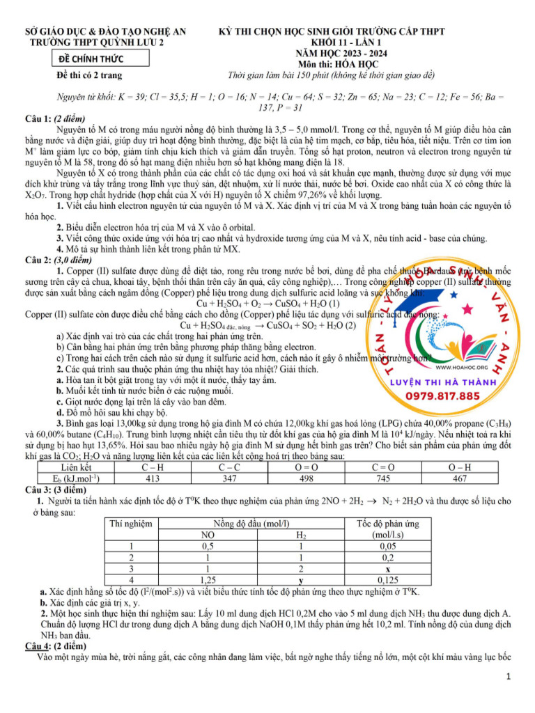 Đề Hsg Hoá 11 Quỳnh Lưu 2 | PDF