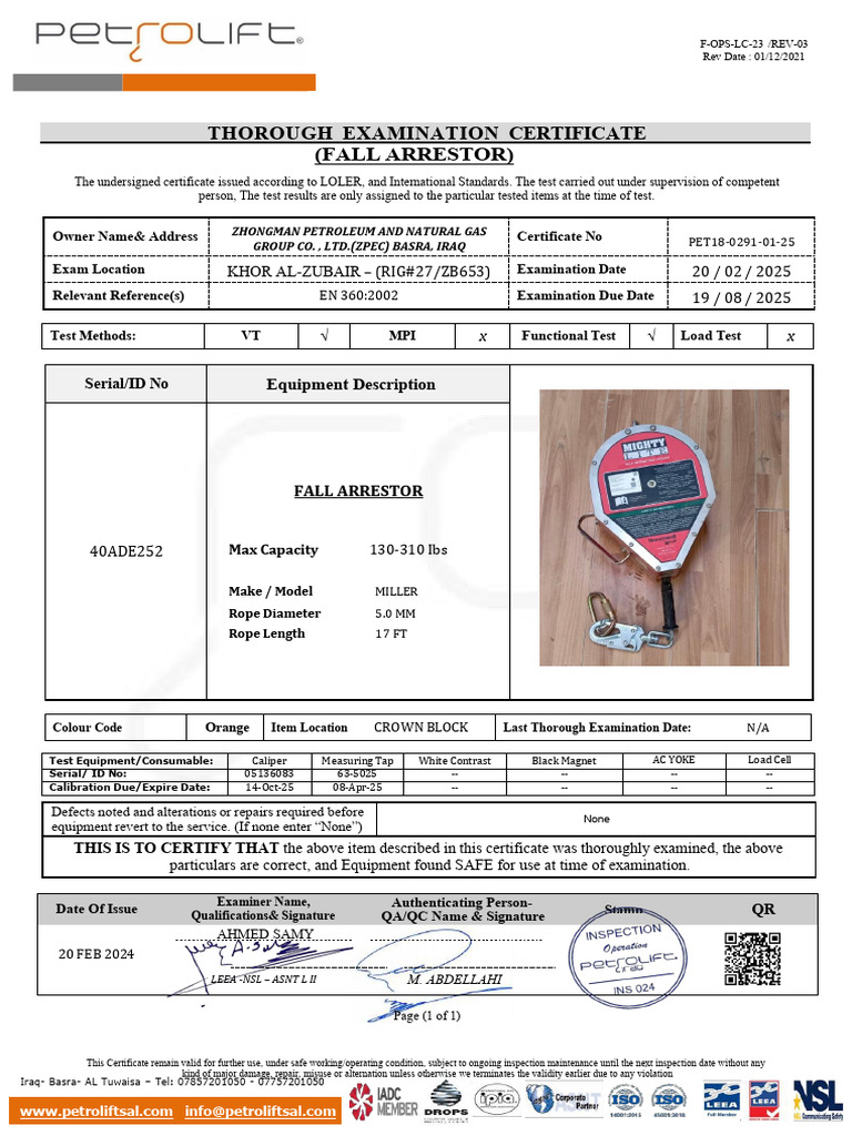 Fall Arrestor Thorough Examination Certificate | PDF