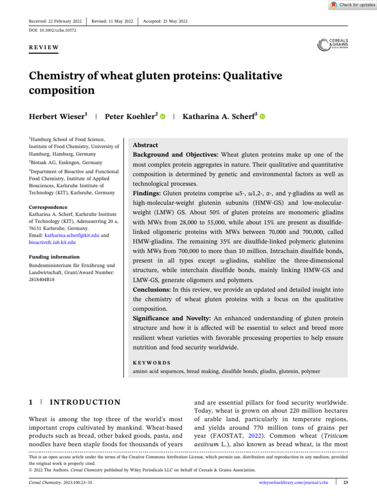 Cereal Chem - 2022 - Wieser - Chemistry of Wheat Gluten Proteins Qualitative Composition | PDF ...