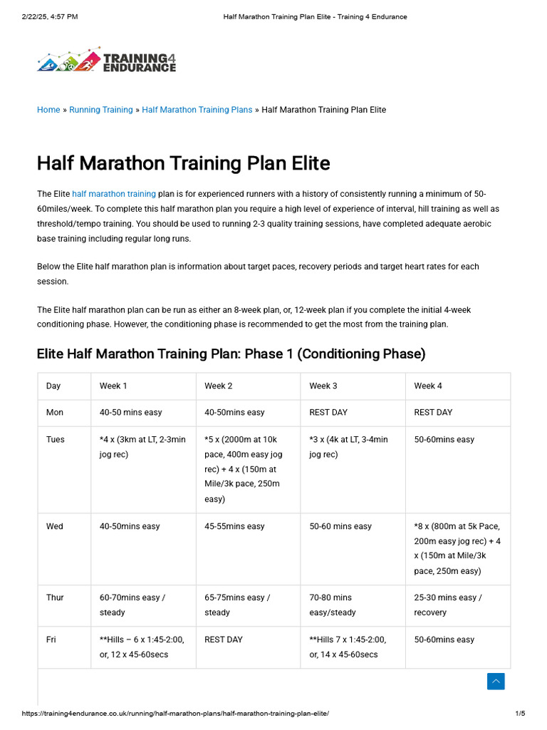 Elite Half Marathon Training Plan | PDF | Heart Rate | Marathon