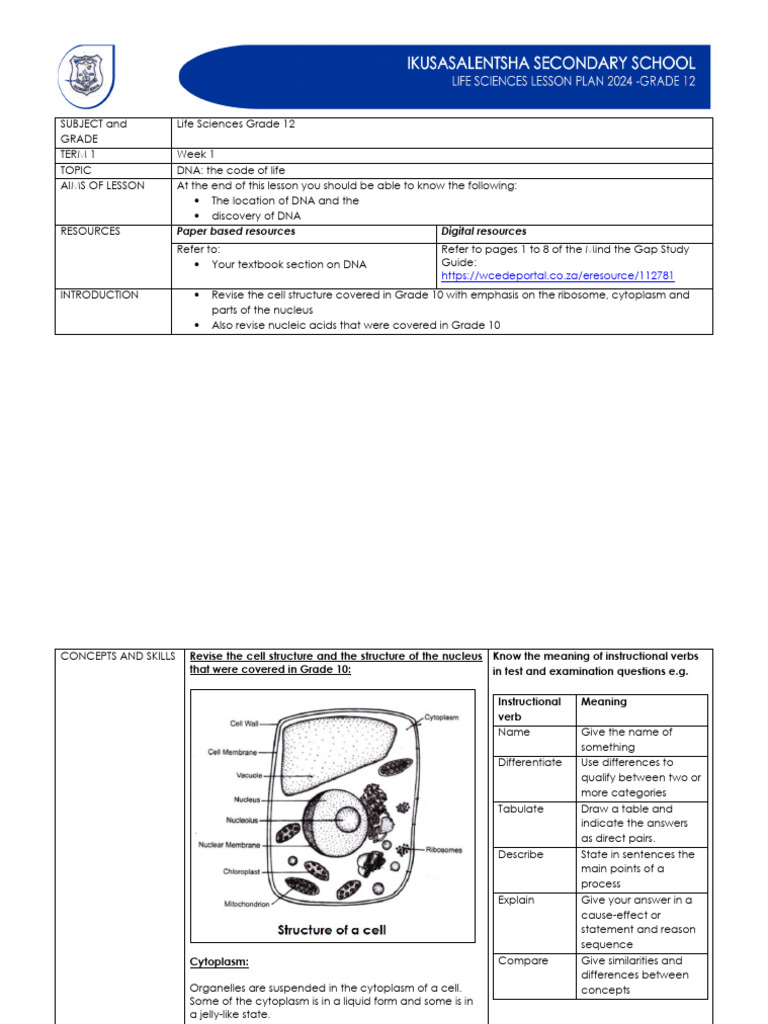 Life Sciences Grade 12 Term 1 Week 1 - 2021 | PDF | Dna | Cell Nucleus
