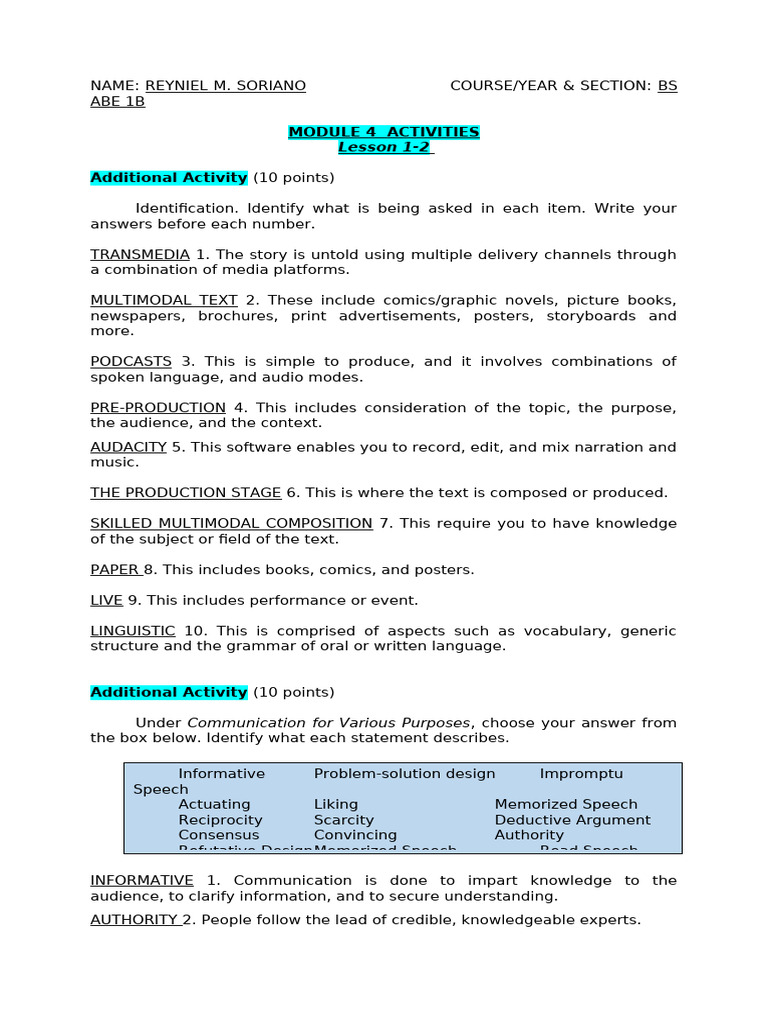 Module 4 Learning Activities and Summative Test GECC 102 | PDF ...