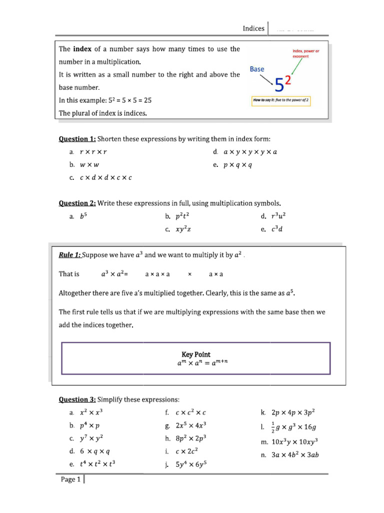 Power and Index Math Worksheet | PDF